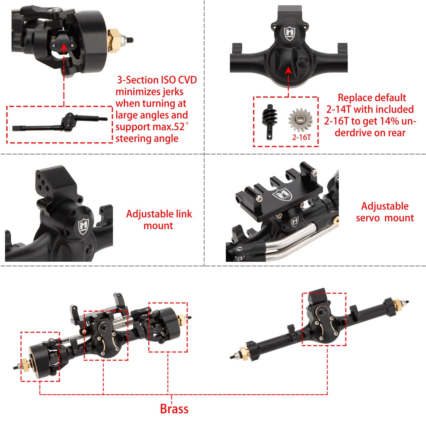 MEUS Racing SCX24 Metal V2 Isokinetic Front Rear Axles +5MM Isokinetic
