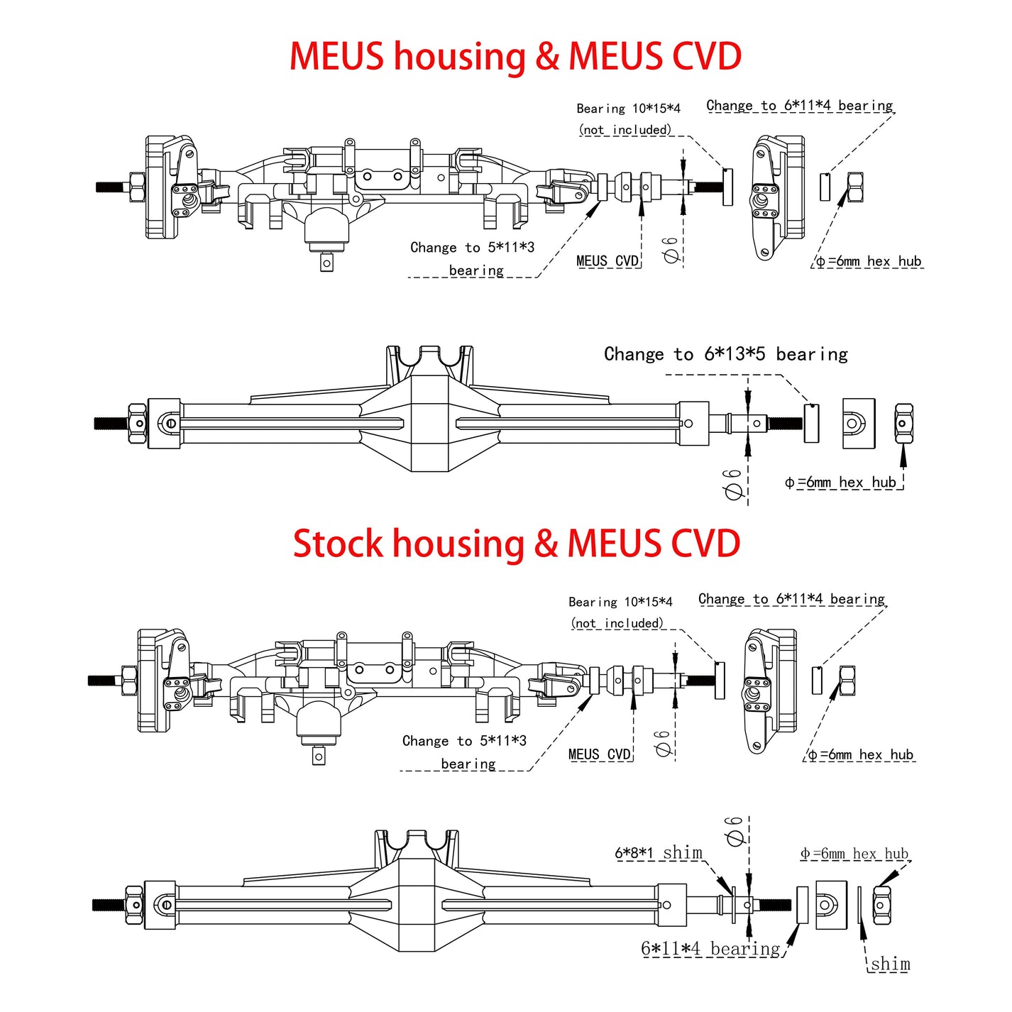 MEUS Racing Isokinetic 3-section CVD Shafts for 1/10 Vanquish H10 Optic ...